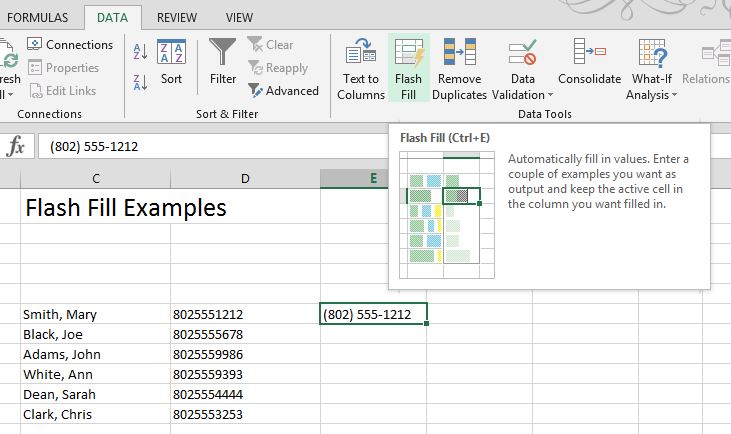 Excel: Use Flash Fill, Concatenate and Text to Columns
