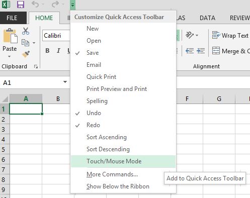 Excel: Enable or Disable Touch Mode and Mouse Mode