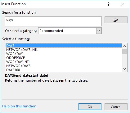 Using the Days Function in Excel 2013