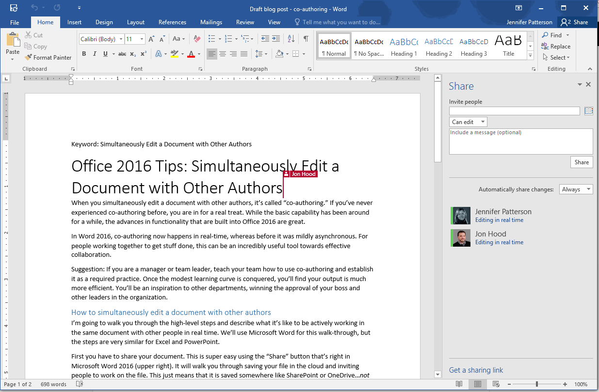 Office 2016 Tips: Simultaneously Edit a Document with Other Authors